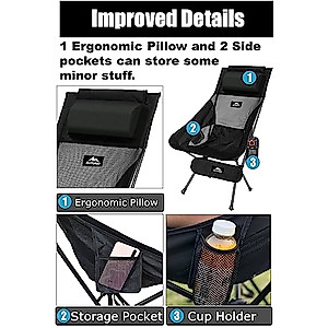 AnYoker Camping Chair, High-Back Compact Backpacking Chair, Portable Folding Chair, Beach Chair with Side Pocket and headrest, Lightweight Hiking Chair 0066 (Black)