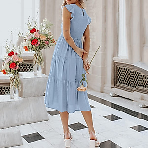 Sundresses for Women Cap Sleeve V Neck Dress Belt Wrap Split Boho Floral Dresses Wedding Party Maxi Sundresses Sky Blue
