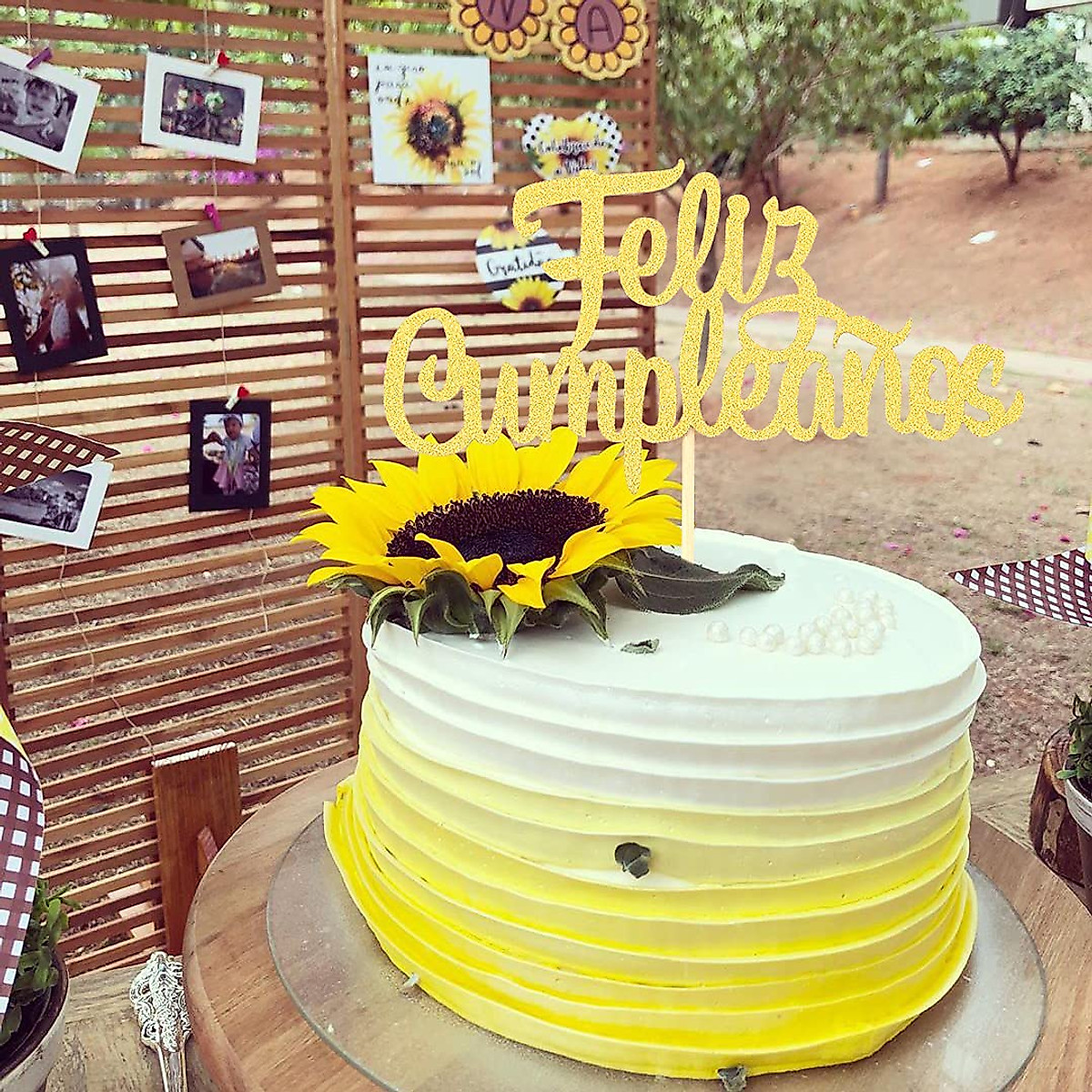 Spanish Feliz Cumpleaños Cake Topper - Gold Glitter Happy Birthday Cake Topper, Fiesta Theme Party Decoration supplies, single-side gold glitter decorations