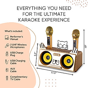 MASINGO Kitty Cat Karaoke Machine for Kids, Children and Toddlers with 2 Wireless Bluetooth Microphones, PA Speaker System Includes Lyrics Display Phone Holder, TV Cable and Singer Vocal Removal Mode