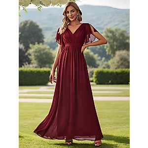 Ever-Pretty Women's Bridesmaid Dress V-Neck Ruffle Sleeves Ruched Bust Floor Length Chiffon Formal Dresses Burgundy US16