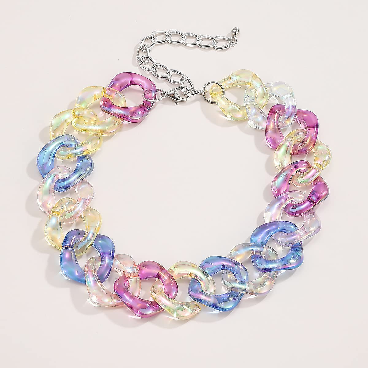 Xerling Colorful Rainbow Acrylic Link Chain Necklace Punk Chunky Boho Iridescent Necklace for Women Teen Girls Multi-Colored Curb Chain Choker for Party Modern Necklace