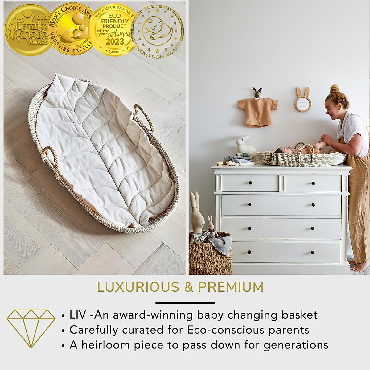 BEBE BASK Premium Nursery Bundle - Matching Baby Changing Basket & Baby Diaper Caddy Organizer - Handmade & Organic