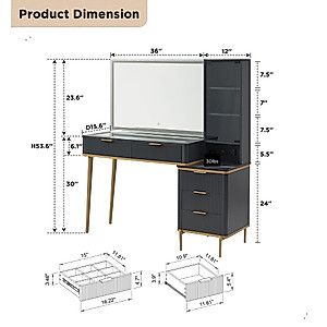 T4TREAM Fluted Makeup Vanity Desk with 36" HD Lighted Mirror, 48" Big Modern Vanity Desk with Mirror and Lights, Dressing Table with 5 Drawers & Shelves, Glass Top for Bedroom, Dark Grey