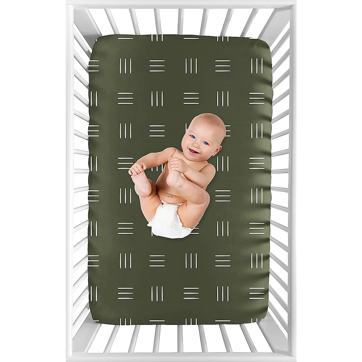Sweet Jojo Designs Hunter Green Boy Girl Fitted Mini Crib Sheet Baby Nursery Portable Crib Pack and Play White Bohemian Woodland Tribal Mud Cloth Hatch Gender Neutral Triple Line Safari Jungle Animal