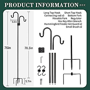 Shepards Hooks for Outdoor,76 Inch Bird Feeder Pole, Heavy Duty Shepherds Hook for Bird Feeders for Outside Tall Hummingbird Feeder Stand Bird Feeder Hanger Garden Hook Wind Chime Stand Black 1 Pack