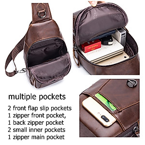 BULLCAPTAIN Genuine Leather Men Sling Crossbody Bag Backpack Outdoor Hiking Travel Chest Bag Daypack (Brown)