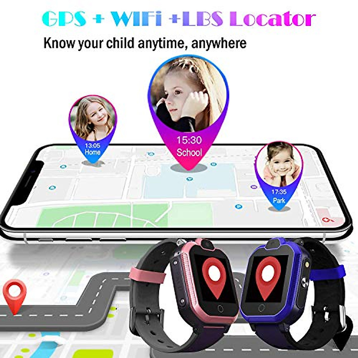 PTHTECHUS 4G GPS Kids Smartwatch Phone - Boys Girls Waterproof Watch with GPS Tracker 2 Way Call Camera Voice & Video Chat SOS Alarm Pedometer WiFi Wrist Watch Birthday Gifts for Students, 4G Blue