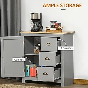 HOMCOM Modern Kitchen Cabinet, Storage Sideboard, Buffet Table with Rubberwood Top, 3 Drawers and Cabinet with Adjustable Shelf, Grey
