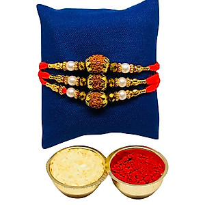 KHANDEKAR Set of 3 Pc Single Rudraksha Rakhi for Brother Bhaiya Bhabhi Traditional Handmade Premium Quality Designer Rakhi Set with Roli Chawal, Rakhi Thread Rakhdi Bracelets