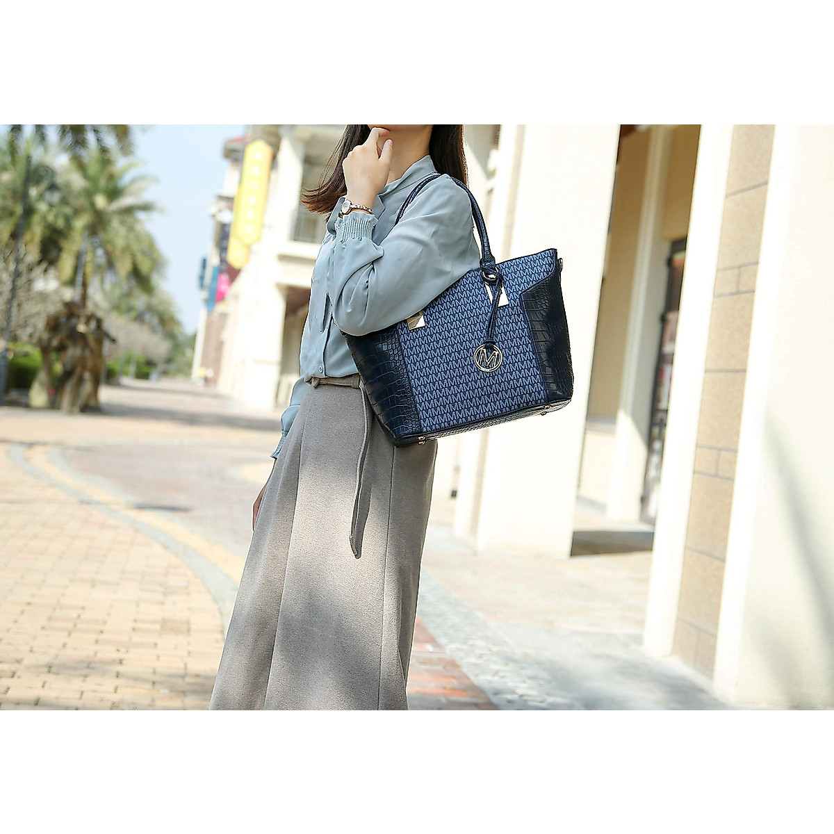 MKF 3-PC Set Shoulder Bag for Women Tote, Pouch Handbag Purse, Wristlet Envelope, Adjustable Crossbody Strap PU Leather Dark White