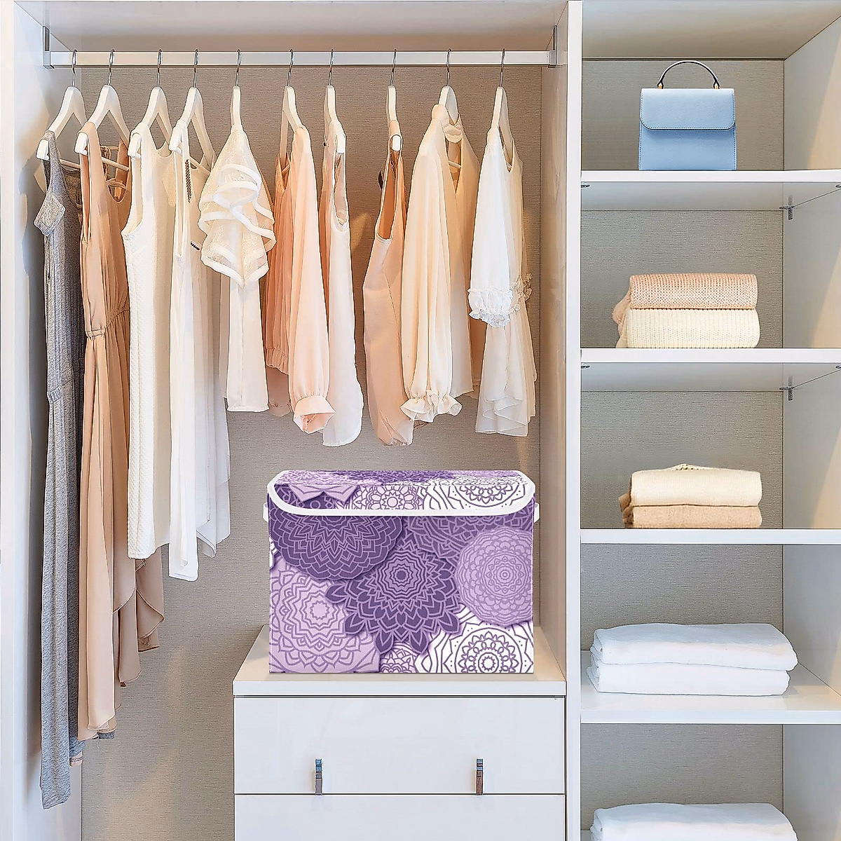 Kigai Purple Mandala Boho Storage Bin, Storage Baskets with Lids Large Organizer Collapsible Storage Bins Cube for Bedroom, Shelves, Closet, Home, Office 16.5 X 12.6 X 11.8 Inch