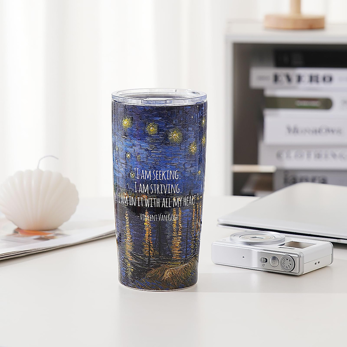 1st Heaven Coffee Tumbler, Van Gogh Art Tumbler, Spill-proof Insulated Coffee Mug with Lid, Inspirational Art Lover Gift for Outdoor, Office & Travel, 20oz (Starry Night Over the Rhône)