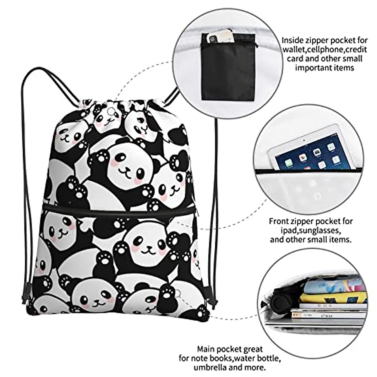 Famame Cute Panda Drawstring Backpack String Bag Sackpack For Gym Shopping Beach Sport Yoga