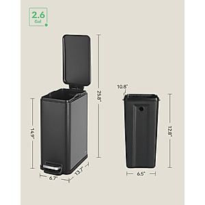 Nunsino Small Bathroom Trash Can with 15 Garbage Bags,2.6 Gallon Stainless Steel Garbage Can with Lid Soft Close,Small Trash Bin for Bathroom,Kitchen,Home Office,Black