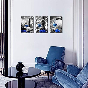 Wine Decor Kitchen Canvas Art Blue Wine Rose Artwork for Home Walls Black and White With Blue Wine Painting Printed Rose Art Dining Room Decor Blue Kitchen Pictures Wall Decor Stretched 12x16inchx3