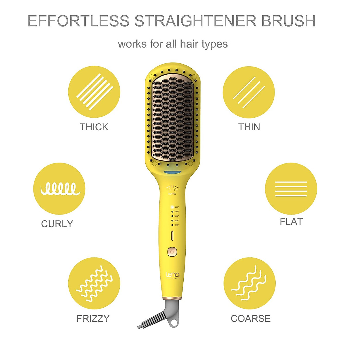 LENA Ionic Straightening Brush - Pro Flat Iron Straightener Comb and Heated Paddle Brush Styler with Extra Ion Care for Ultra Smooth Hair, Anti-Scald，Auto Off, Max 450°F (Yellow)