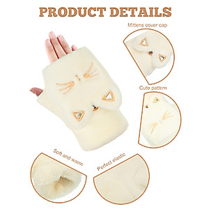 SATINIOR 2 Pairs Winter Gloves Thick Warm Soft Plush Convertible Flip Top Mittens Full Finger Gloves for Women Girls (White, Black, Cat)
