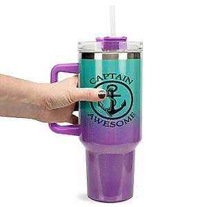 Elanze Designs Captain Awesome Nautical Anchor 40 oz. Stainless Steel, Large Water Bottle Coffee Mug, Spill & Leak Resistant, Thermal Travel Tumbler with Handle, Lid & Straw, Teal/Purple