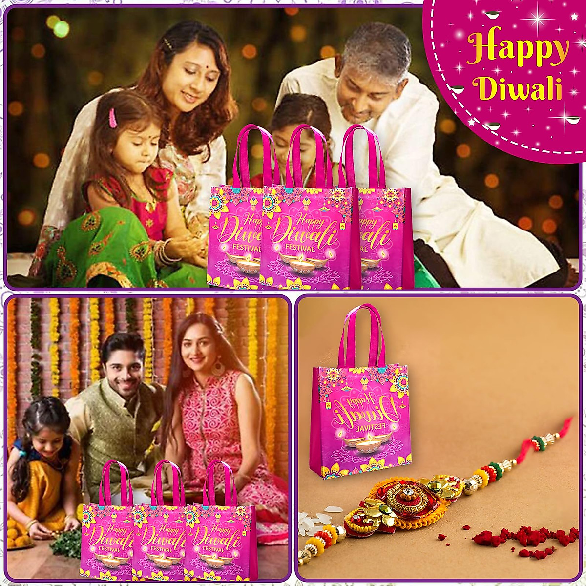 HABDJILTY 20PCS Diwali Gift Bags,Happy Diwali Non-woven Gift Bags with Handle Treat Bags for Indian Diwali Light Festival Party Decorations Favors.