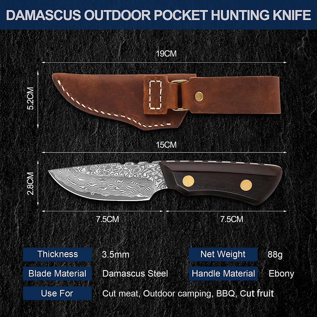 XITUO Damascus Bushcraft Knife, Hunting Knife - Handmade Survival Knife, forged Fixed Blade Knife, 5.5'’ EDC Camping Knife for Men | Fixed Blade with Ebony Wood Handle Leather Sheath