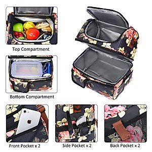LOKASS Lunch Bag Women Double Deck Insulated Lunch Box Large Cooler Tote Bag with Removable Shoulder Strap Wide Open Thermal Meal Prep Lunch Organizer Box for Adults Work/College/Outdoor, Black Peony