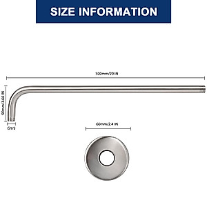 NearMoon Shower Arm, Extra Fixed Arm with Flange, Stainless Steel Wall-Mounted ShowerHead Arm (20 Inch, Brushed Nickel)