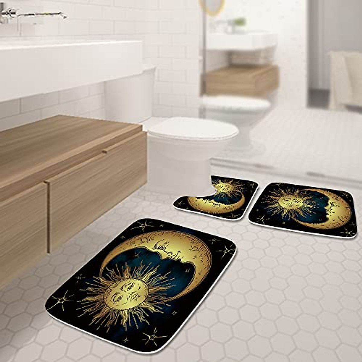 Sun and Moon Bathroom Rugs and Boho Chic Art Stars Over Blue Black Sky Mats Sets 3 Piece, Velvet Memory Foam Antique Style Bath Mat, Large Small and U-Shaped Contour Shower Mat Non-Slip Washable