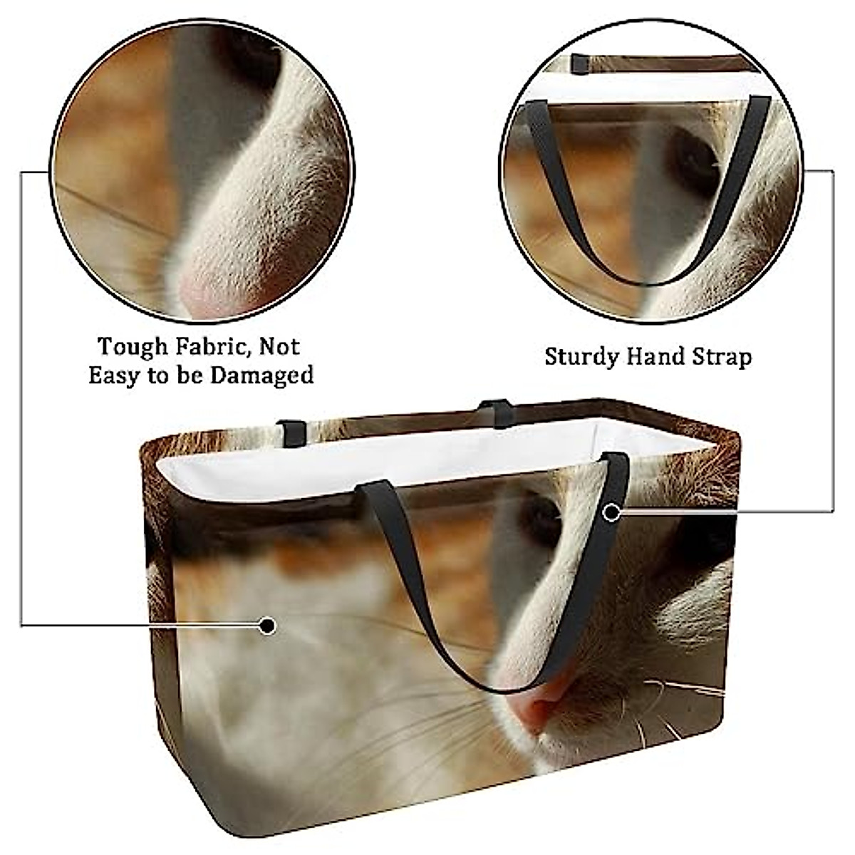 KQNZT Reusable Grocery Bags, Large Foldable Reusable Shopping Tote Bags Bulk for Groceries, Waterproof Kitchen Cloth Produce Bags with Long Handles, Cute Cat