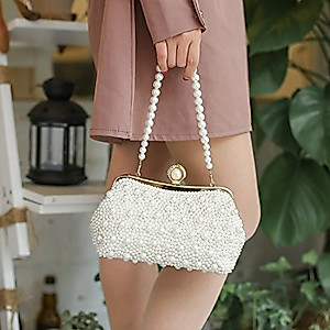 TOIHSUAN Women's Pearl Beaded Cream Evening Cluthes Bags for Wedding-with shoulder strap, 22cm*8cm*12cm