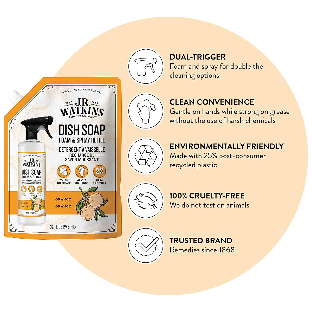 J.R. Watkins Foaming Dish Soap Refill Pouch, Crafted Clean & Cruelty Free, Orange, 32 fl oz, 6 Pack