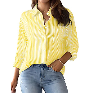 AISEW Womens Button Down Shirts Striped Classic Long Sleeve Collared Office Work Blouses Tops with Pocket (Yellow, 7002M)