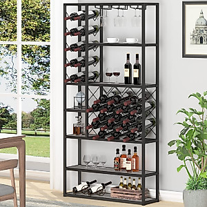 Launica Industrial Wine Rack Freestanding Floor, Farmhouse Tall Coffee Bar Cabinet with Storage, Wood Metal Stackable Bakers Rack, Modern Buffet Cabinet for Home Kitchen Dining Room, Light Grey Oak