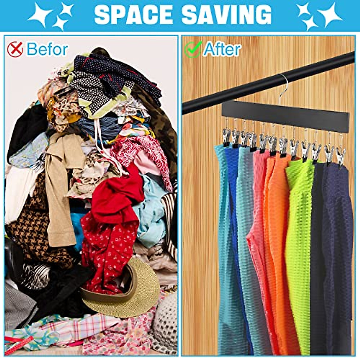 Legging Organizer for Closet, DIGHEIGG Pants Hangers Space Saving Wooden Hangers with 24 Clips for Leggings/Pants/Jeans/Scarf/Skirt, 360°Roatable Hook, Closet Organization Storage, 2 Pack