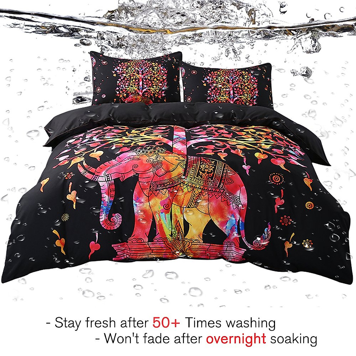 Sleepwish Super Soft Duvet Cover Set with 2 Pillow Shams,Elephant Mandala Pattern,Bohemia Exotic Patterns Design (King, Black Cool)