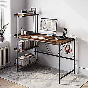 LINSY HOME Computer Desk 47 Inch with LED Light, Home Office Desk with USB Charger, Multifunctional PC Gaming Desk with 3-Tier Adjustable Storage Shelves & Cable Management, Brown