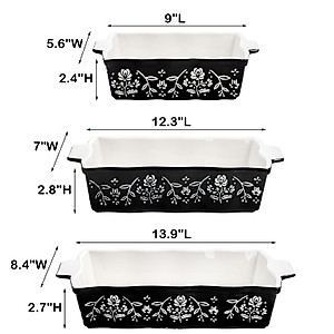 Bekith 3-Piece Ceramic Baking Dishes with Handles, Casserole Dishes for Oven, Rectangular Deep Lasagna Pans, Porcelain Bakeware Sets for Baking Cake Kitchen, Cooking, Black and White