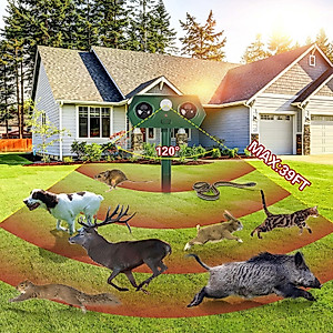 2 Pcs Ultrasonic Animal Repeller Outdoor - Solar Pest Repellent, Waterproof Mouse Repellent for Mice, Deer, Snake, Cat, Rabbit, Raccoon, Skunk, Rat Repellent for Yard, Garden, Lawn, Motion Detection