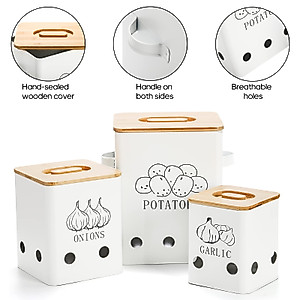 WUWEOT 3 Pack Vegetable Storage Tins, Metal Onion Garlic Potato Jars Set, Kitchen Canisters Vegetable Keeper Containers with Aerating Holes and Wooden Lid