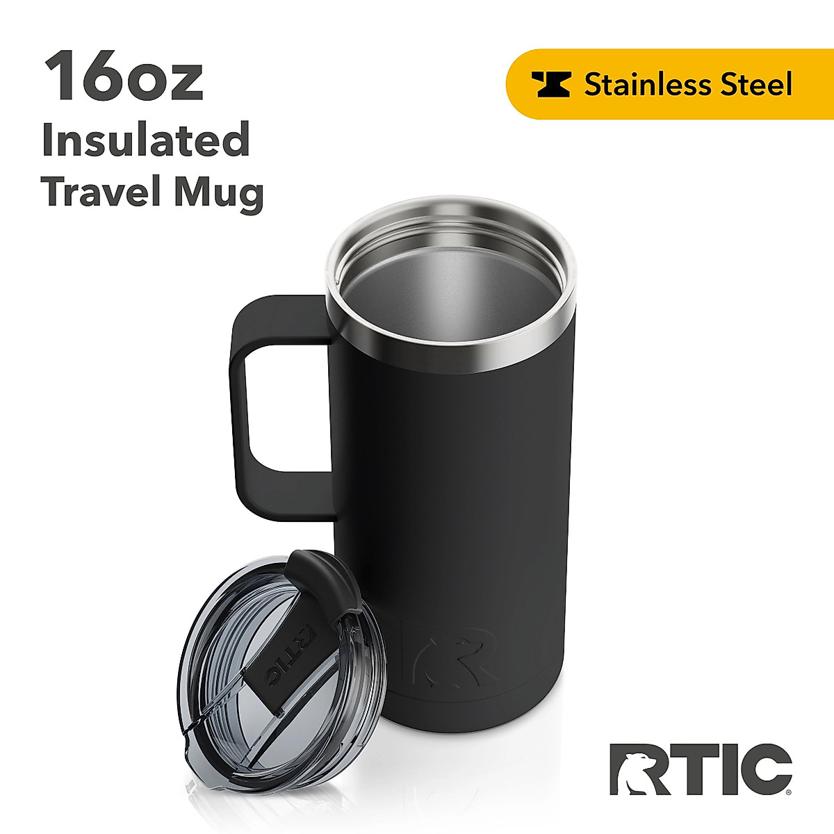 RTIC 16 oz Coffee Travel Mug with Lid and Handle, Stainless Steel Vacuum-Insulated, Hot and Cold Drink, for Car, Camping, Black