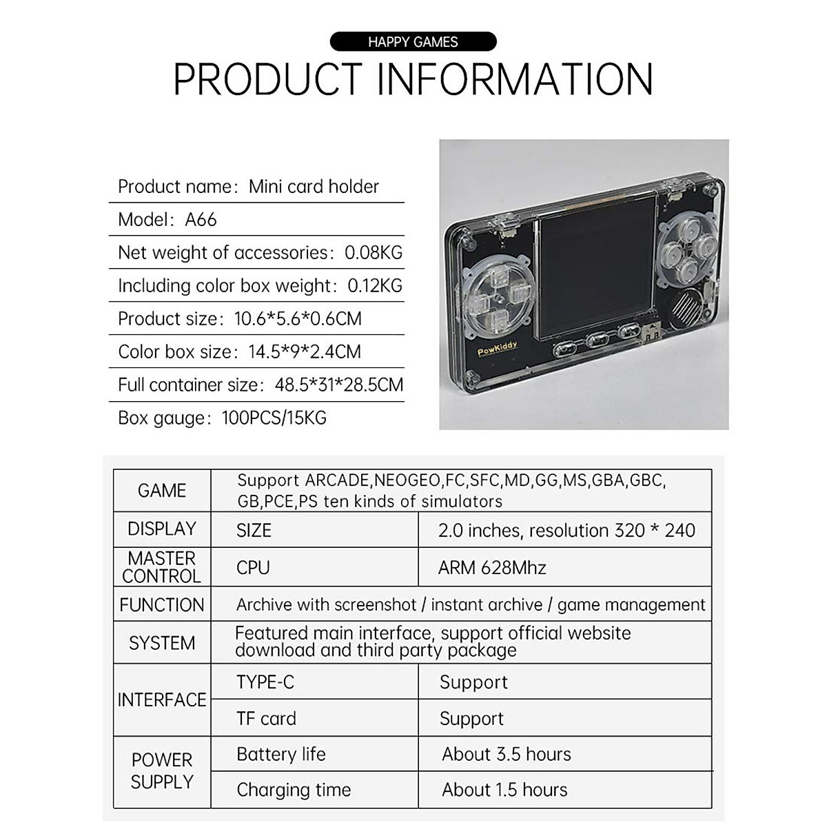 Petforu POWKIDDY A66 Handheld 10000 Games Retro Game Console Ultra Card Transparent Game Machine - 32G Silver, A66 (32g)