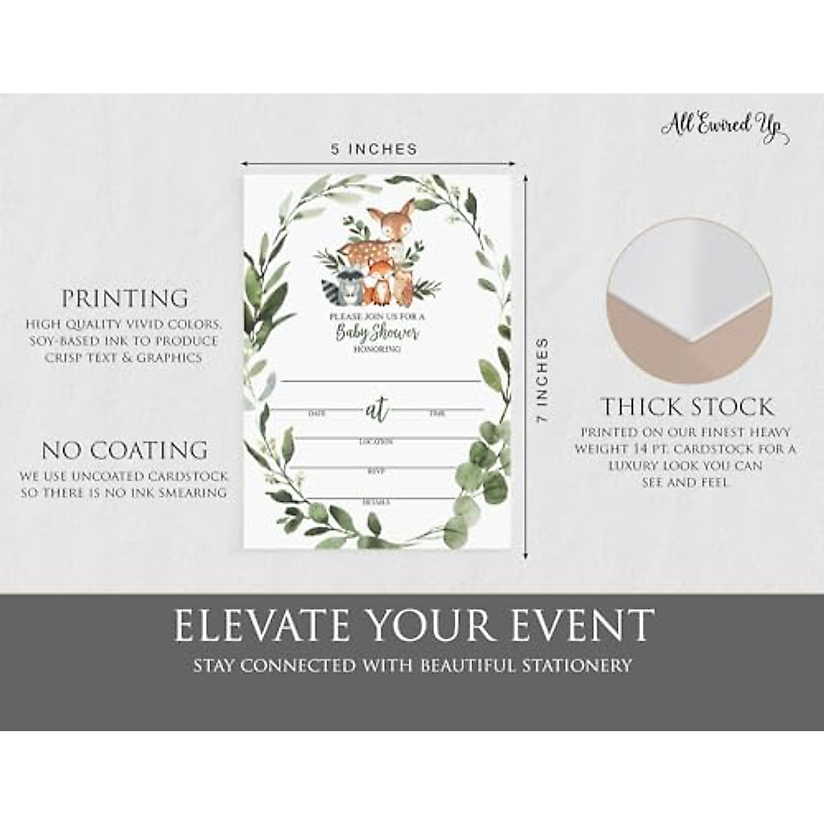 25 Wreath Woodlands Greenery Baby Shower Invitations (Large Size 5X7 inches), Diaper Raffle Tickets, Baby Shower Book Request Cards with Envelopes Woodland Creature Invites Neutral Baby Showers Fox