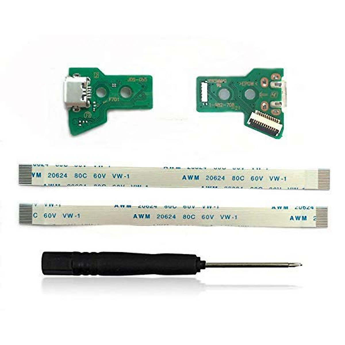 2PCs JDS-055 Replacement Micro USB Charging Port Adaptor for DualShock 4, Repair Part Charger Socket Board Module for Sony PlayStation PS4 Wireless Controller 5TH V5 with 12 Pin Flex Cable, Tool Screw