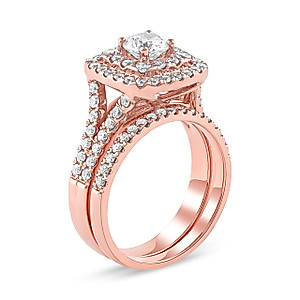 IGI Certified 14k Rose Gold 2 ct TDW Round Cut Diamond Double Halo Engagement Ring Set (I-J, I2)