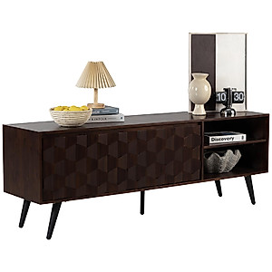 Bme Georgina 65 Inch Solid Wood TV Stand, Under 10 Minutes Assembly Entertainment Center with Storage, Geometric Pattern TV Console for Living Room, Bedroom, Dinning Room - Walnut