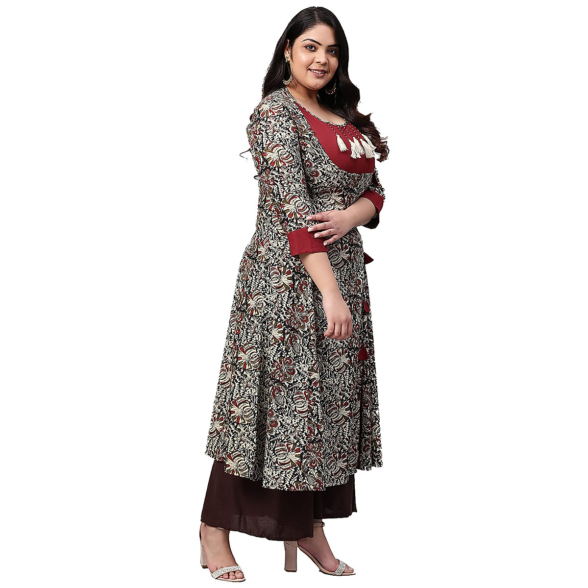 Yash Gallery Women's Cotton Angrakha Style Printed Indian Kalamkari Kurtis (Maroon., XXL)