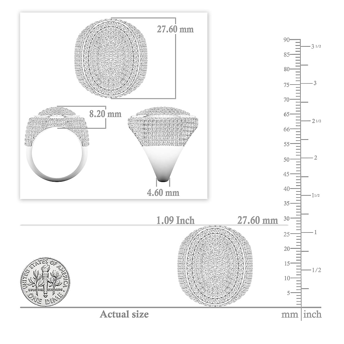 Dazzlingrock Collection Round Lab Grown White Diamond Oval Cluster Studded Statement Ring for Him (4.75 ctw, Color H-I, Clarity SI2) in 925 Sterling Silver, Size 9