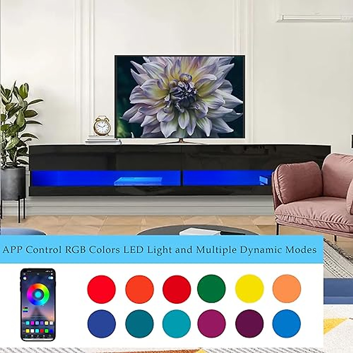 Uspeedy 71in Floating TV Stand, High Gloss Entertainment Center for TVs Up to 80 inch,Led Stand Wall Mounted with LED Lights,TV Console Shelf,Media Furniture(Black 1)