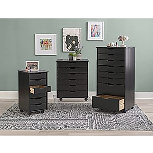 Linon Rolling Storage Corinne Cart, Six Wide Drawers, Black Wide