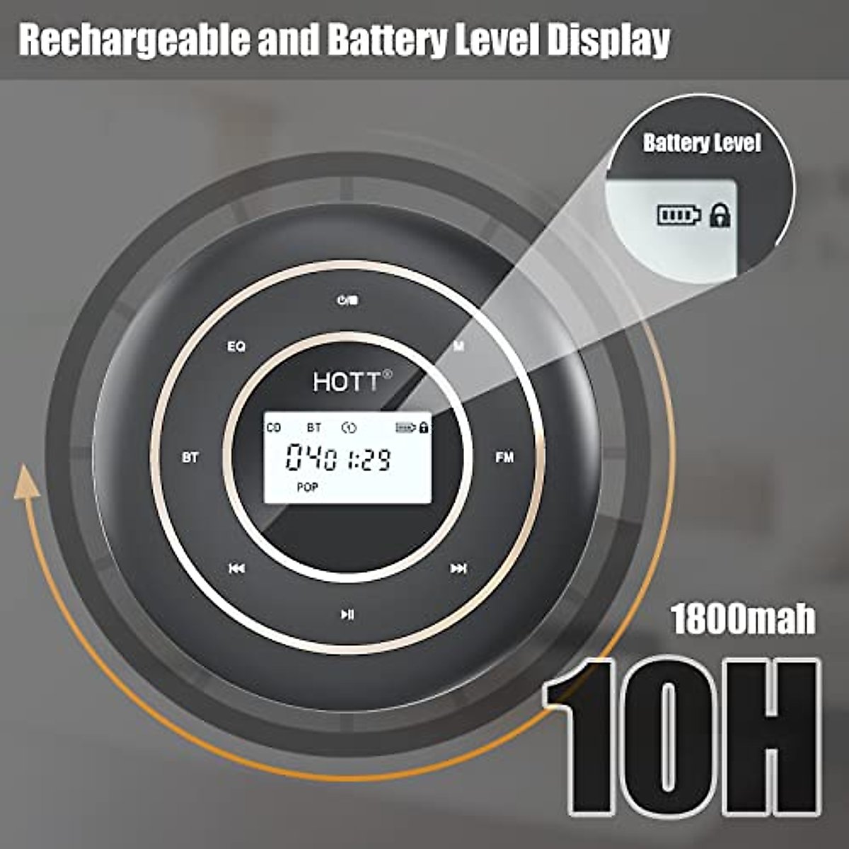 HOTT C105 Portable CD Player with HiFi Bluetooth 5.0 and FM Transmitter,Rechargeable 1800mAh with Touch Vibration Button and 2.1" LCD Screen Aux for Car Audio Radio and Home Wireless Headset Speaker